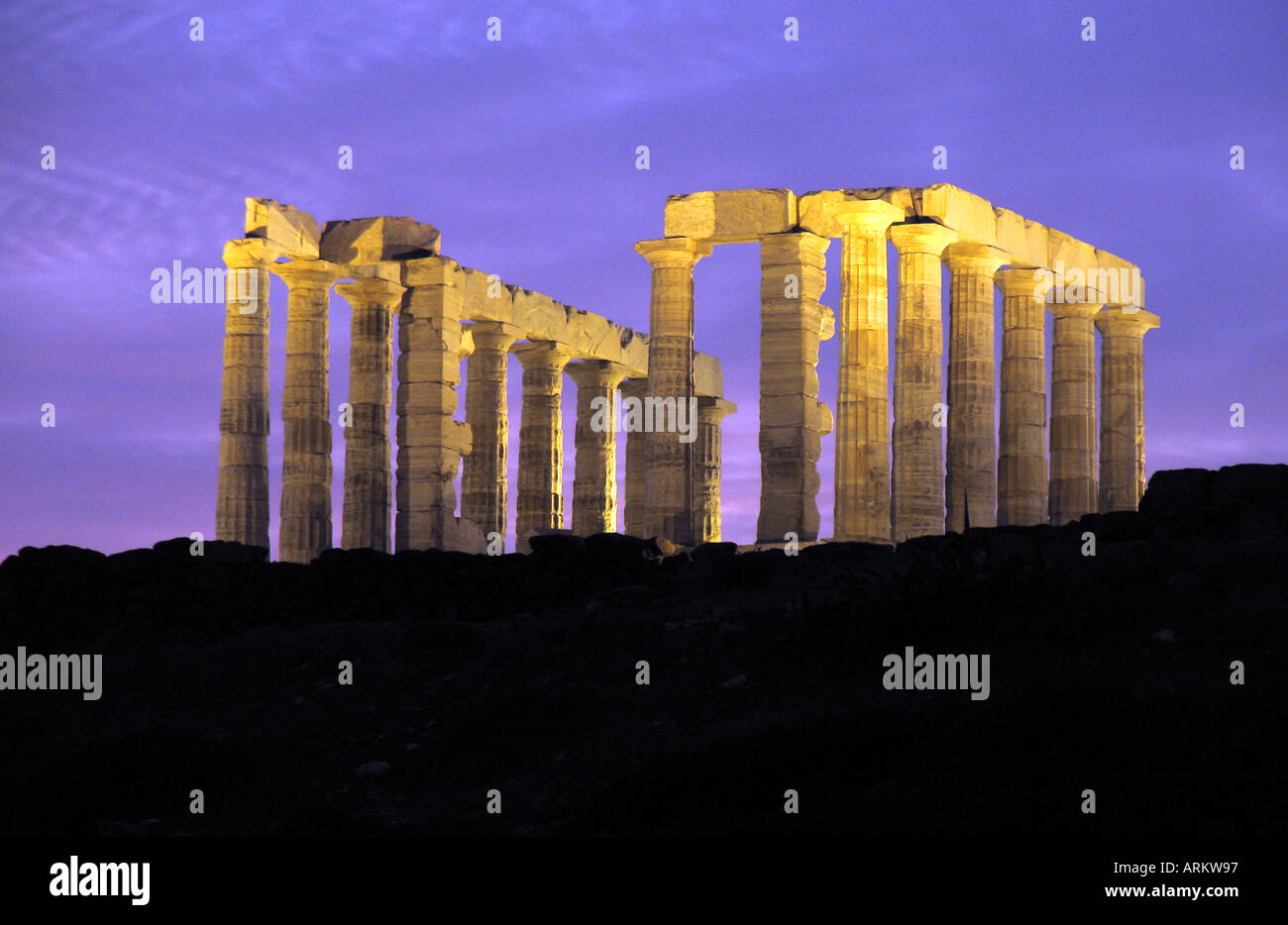 The Temple of Poseidon at night, Sounion, Athens, Greece, Europe Stock ...
