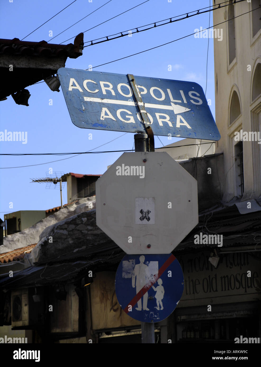 Old street sign showing direction of the Acropolis, Athens, Greece ...