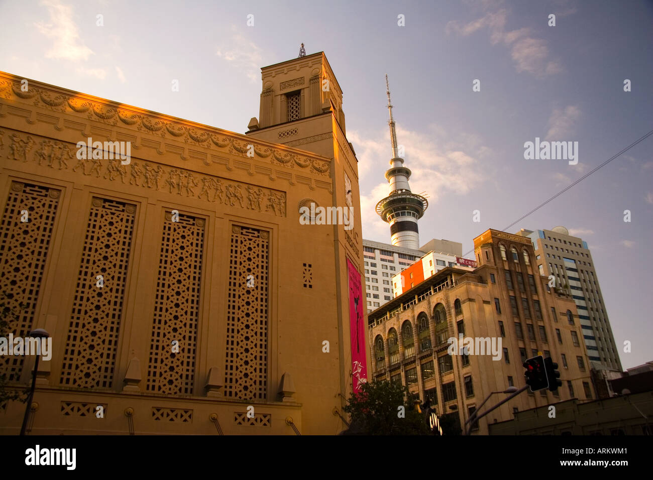 downtown Aukland New Zealand with art deco buildings and Sky Tower ...