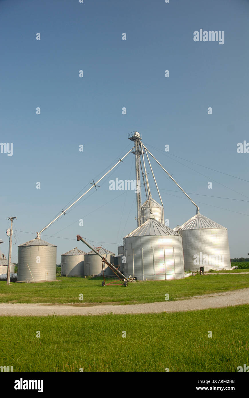 Grain storage bins on Middle Indiana IN Soybean farm Stock Photo - Alamy