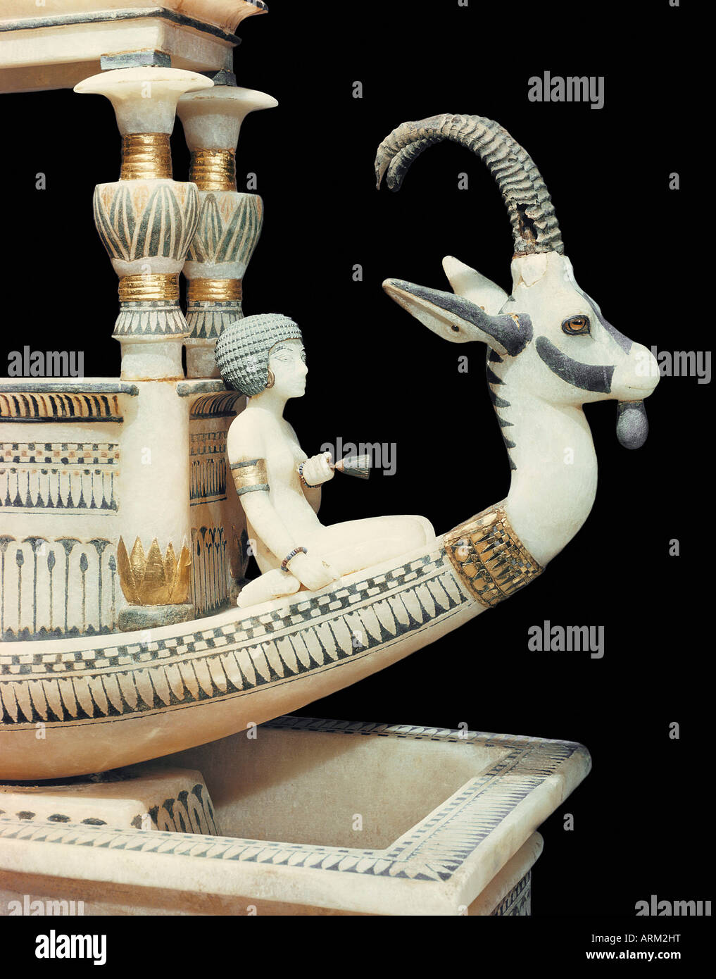 Prow of the alabaster boat showing the head of a Syrian ibex and a ...