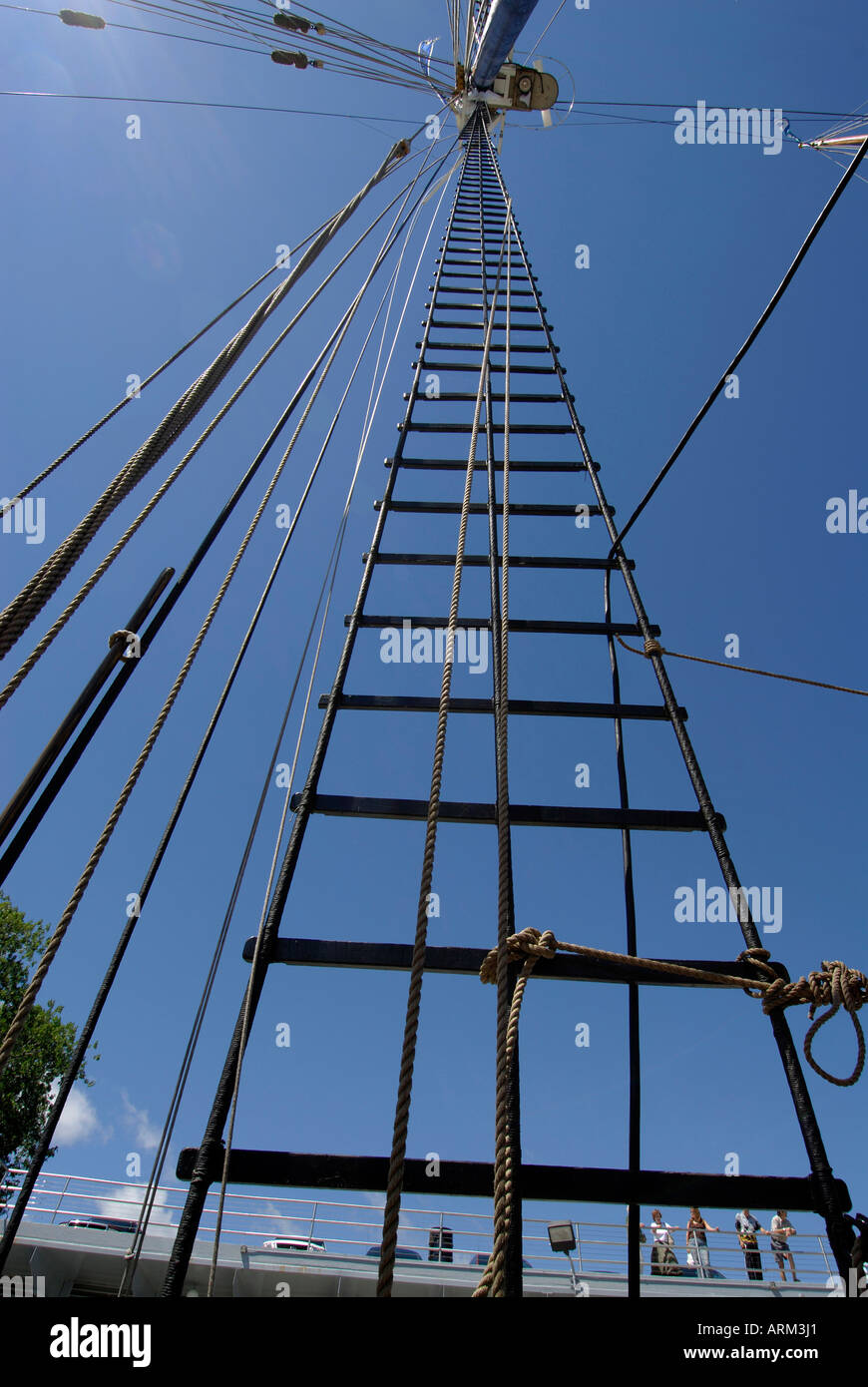 The masts of a tall ship sailing vessel show many angles with ropes and ...