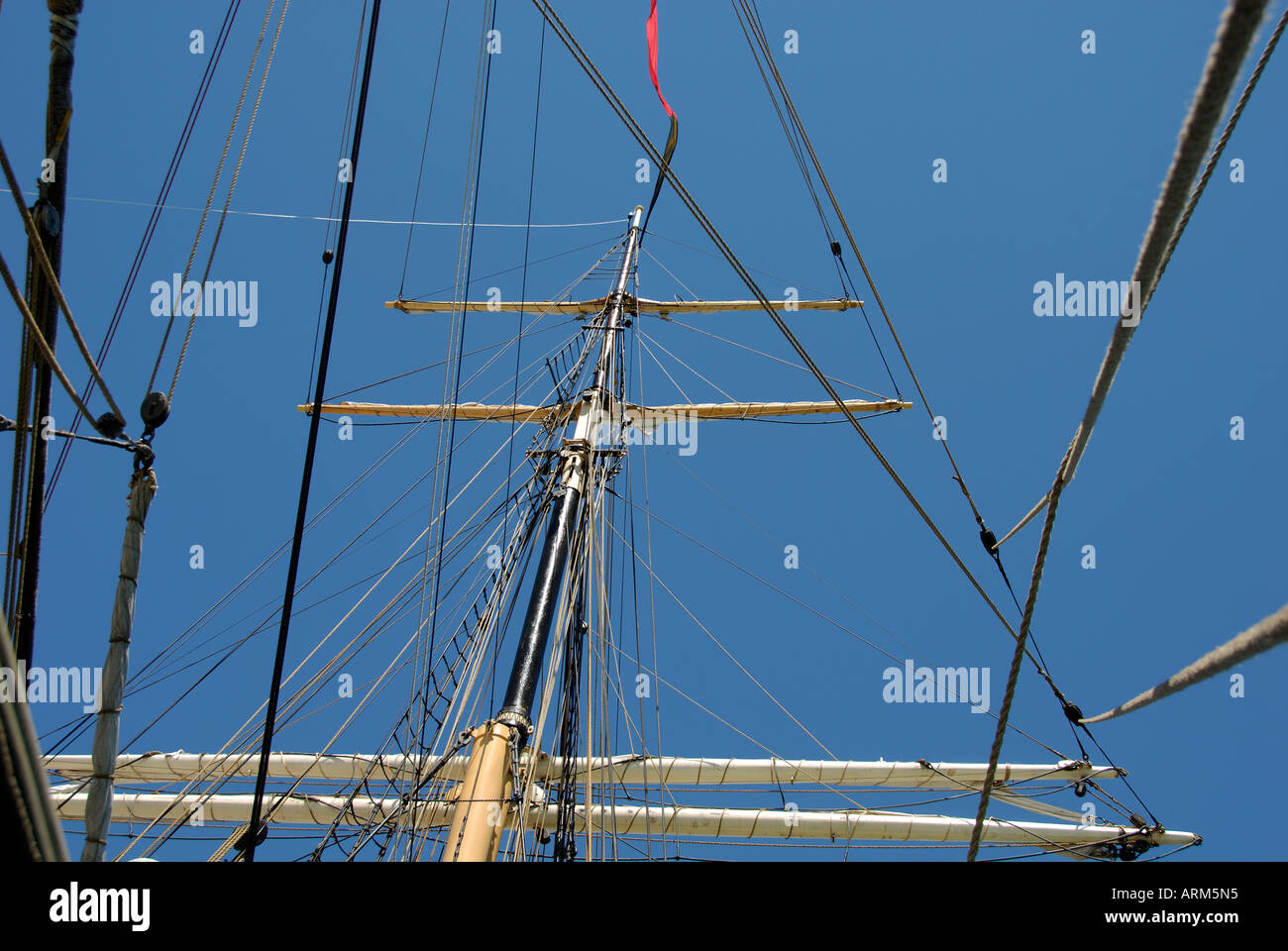 The masts of a tall ship sailing vessel show many angles with ropes and ...
