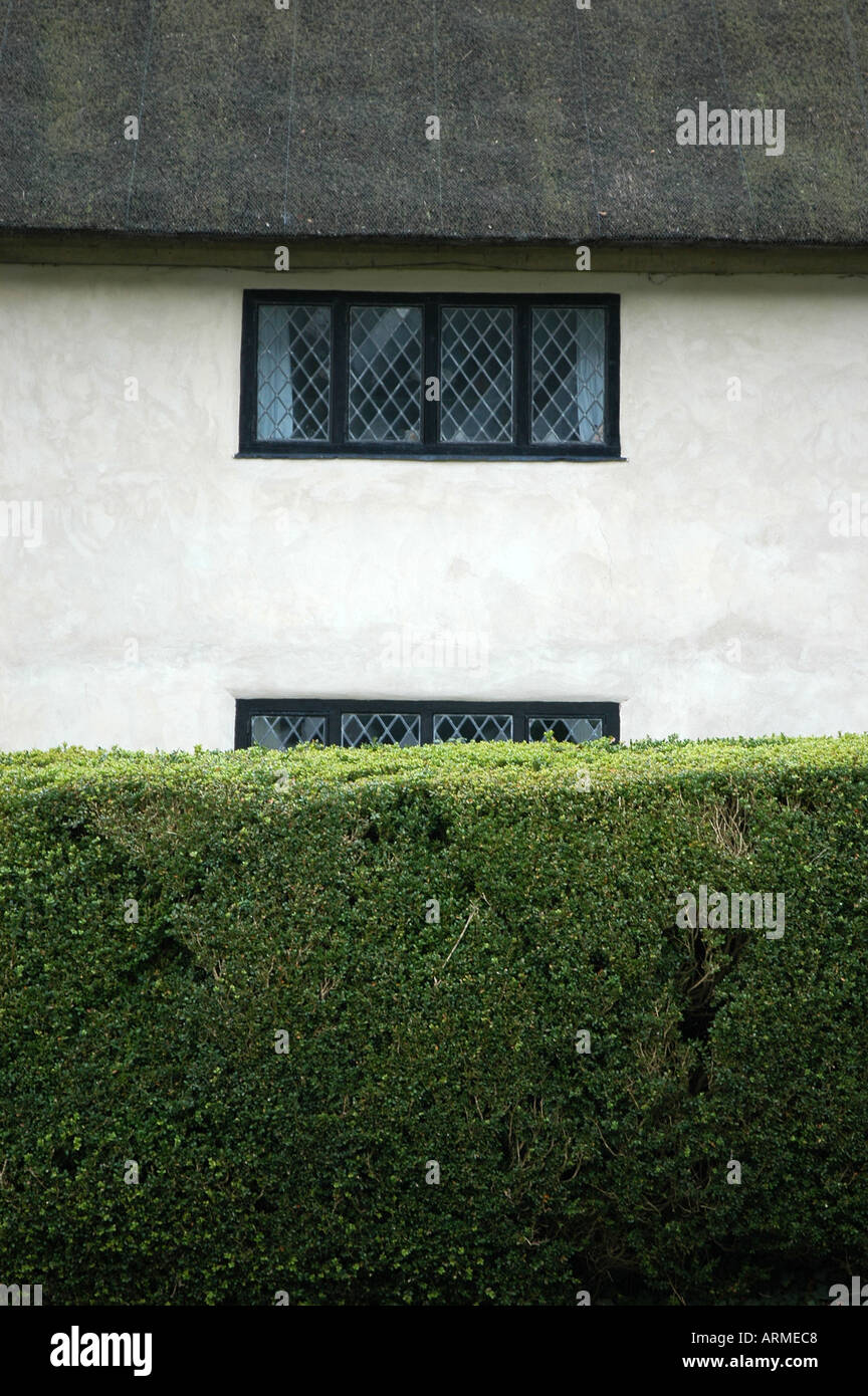 Thatched roof cottage behind hedge Stock Photo - Alamy