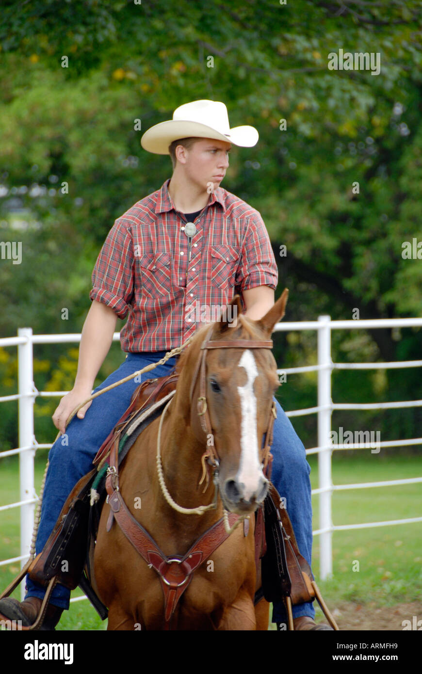 Male High school student riding a brown horse competes in equestrian ...
