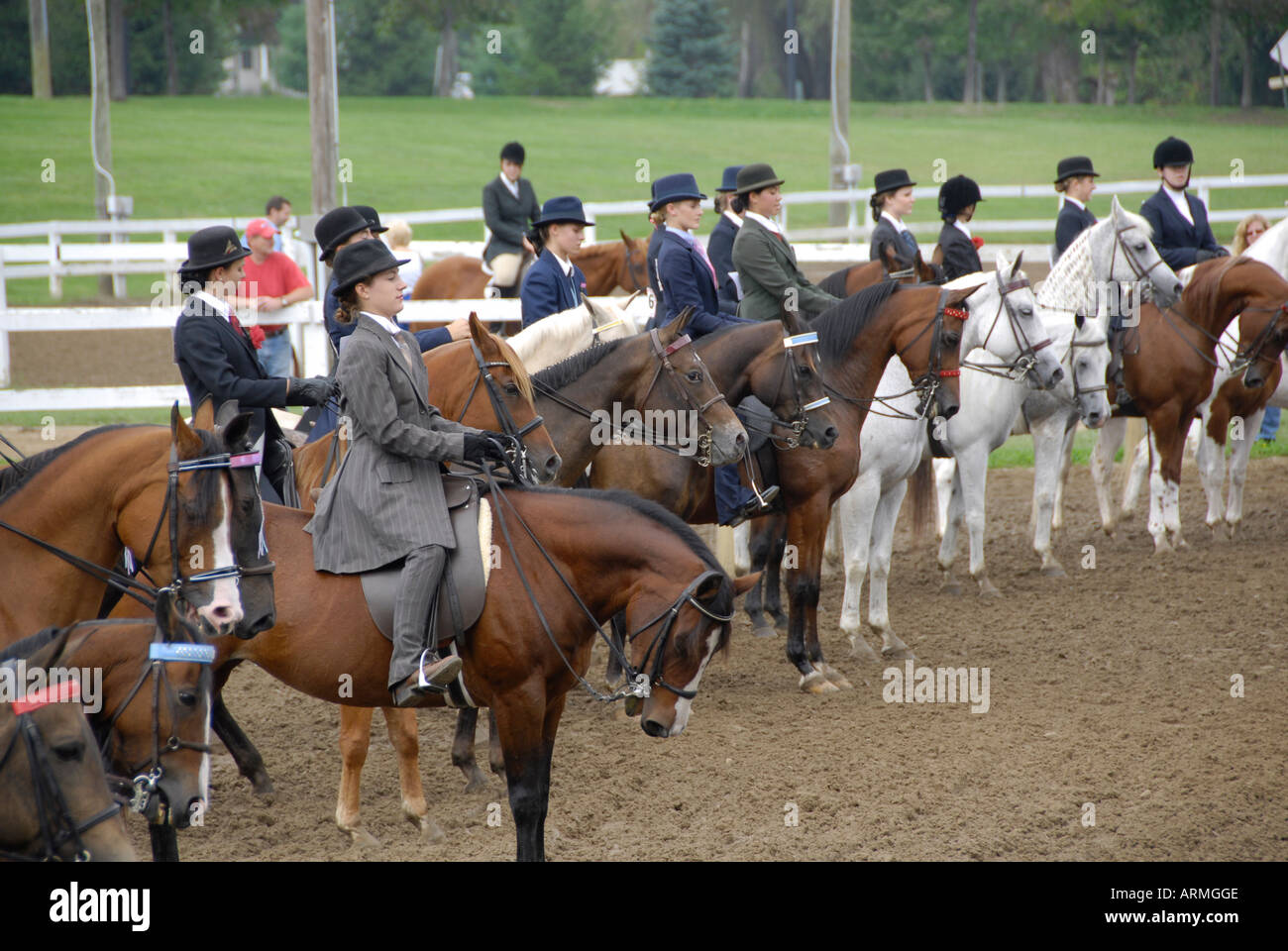 Contestants line up in the center of the ring for judging results as ...