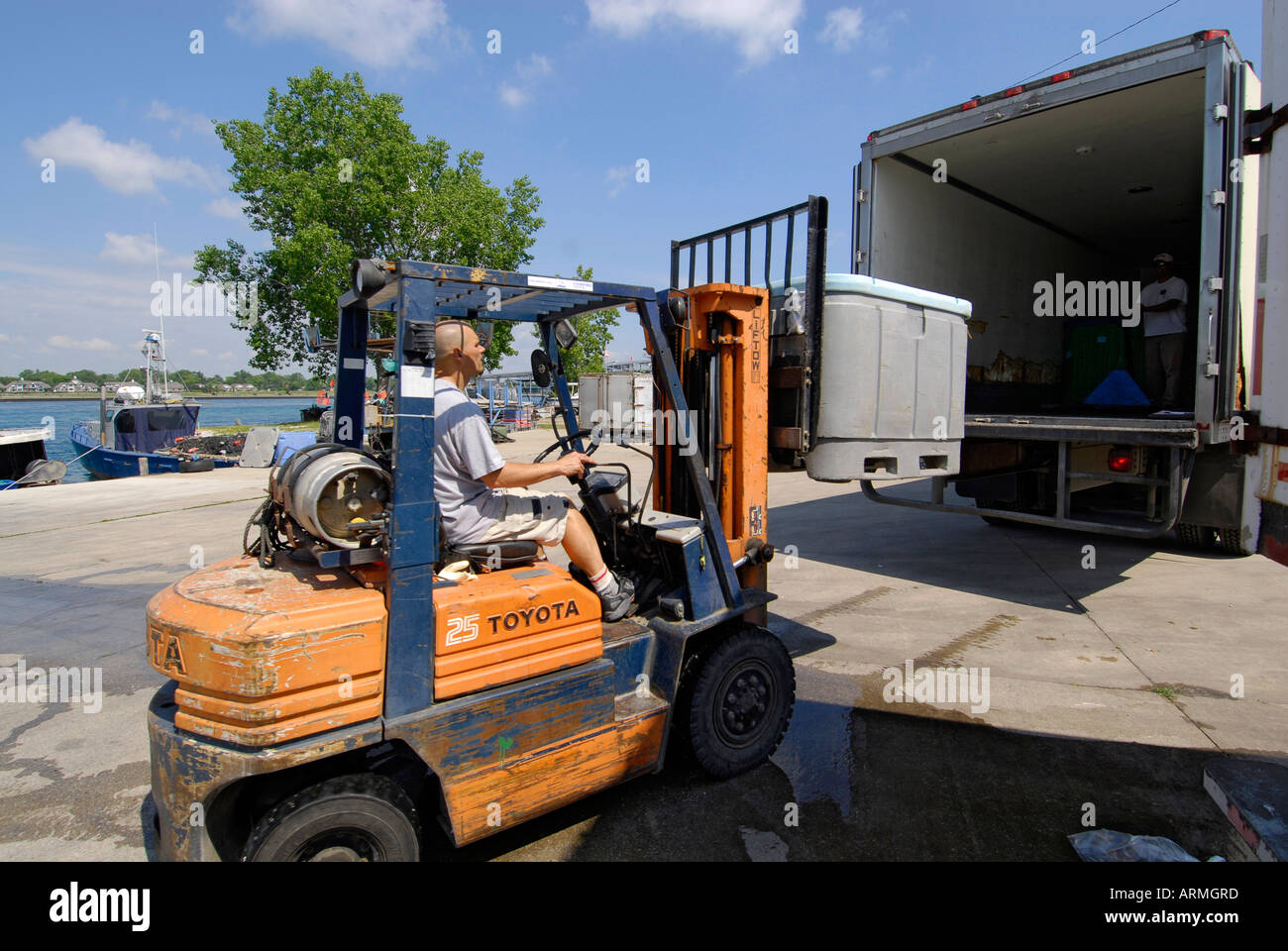 Forklift operator unloads a pallet of goods from a semi tractor trailer ...