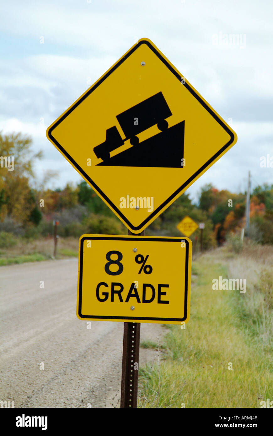 Traffic sign alerting motorist drivers 8 percent grade on hill ahead ...