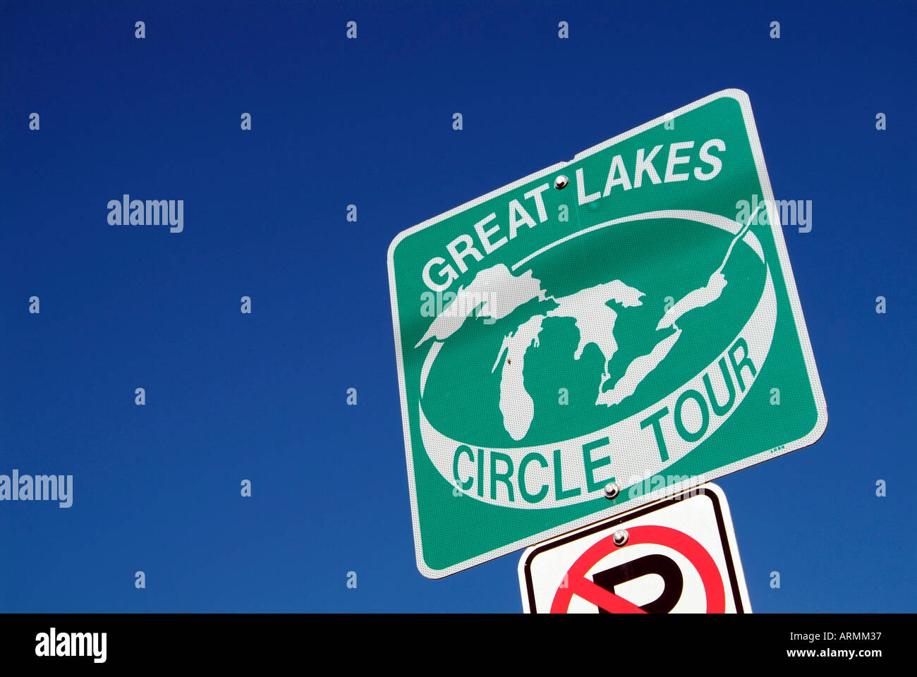 Great Lakes Circle Tour road sign maps route for travelers around the ...