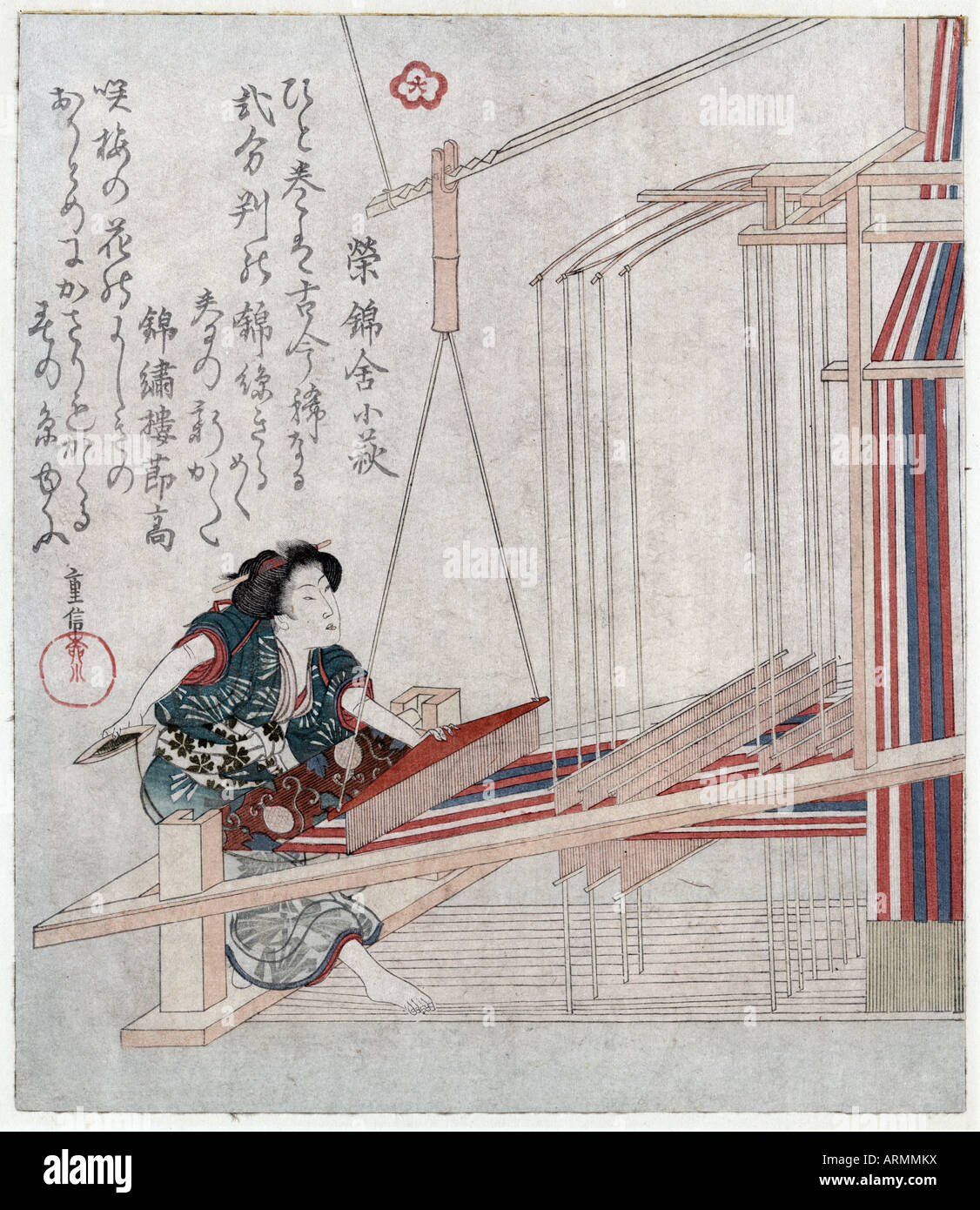 Weaving Print shows a woman weaving at a loom Hataori Japan between ...