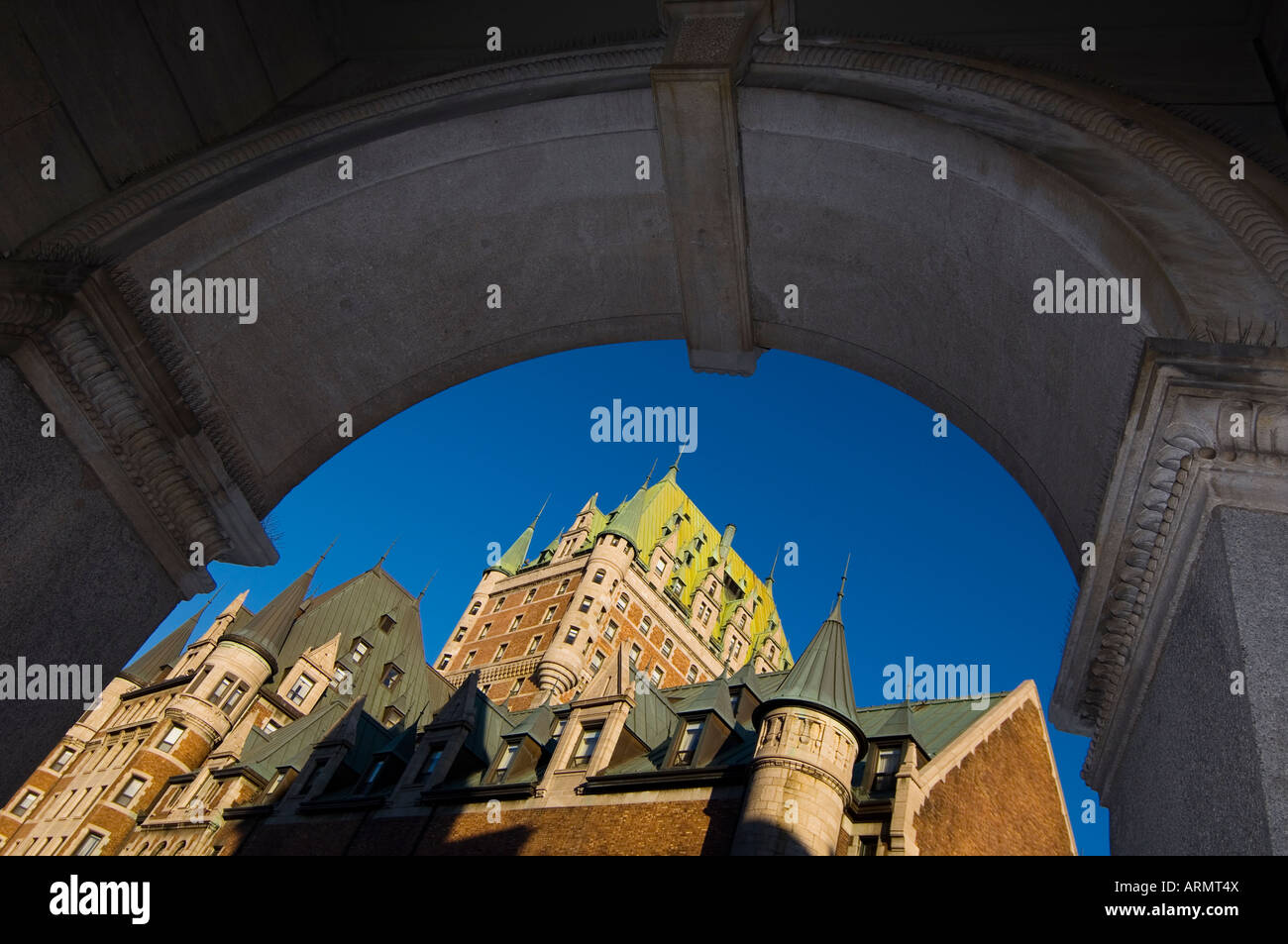 Chateau Frontenac Hotel, Quebec City, view through stone arches of old ...