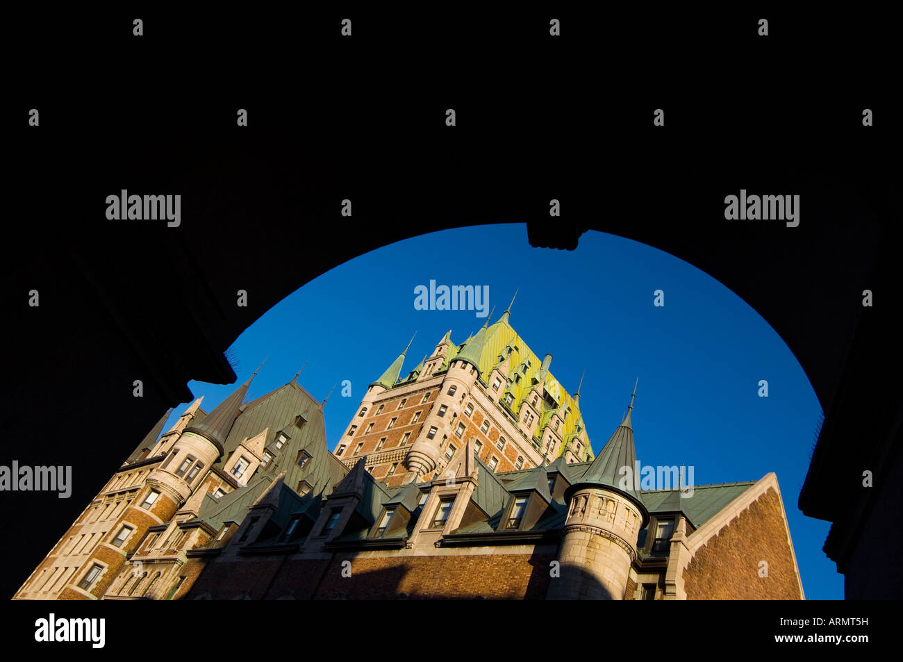 Chateau Frontenac Hotel, Quebec City, view through stone arches of old ...