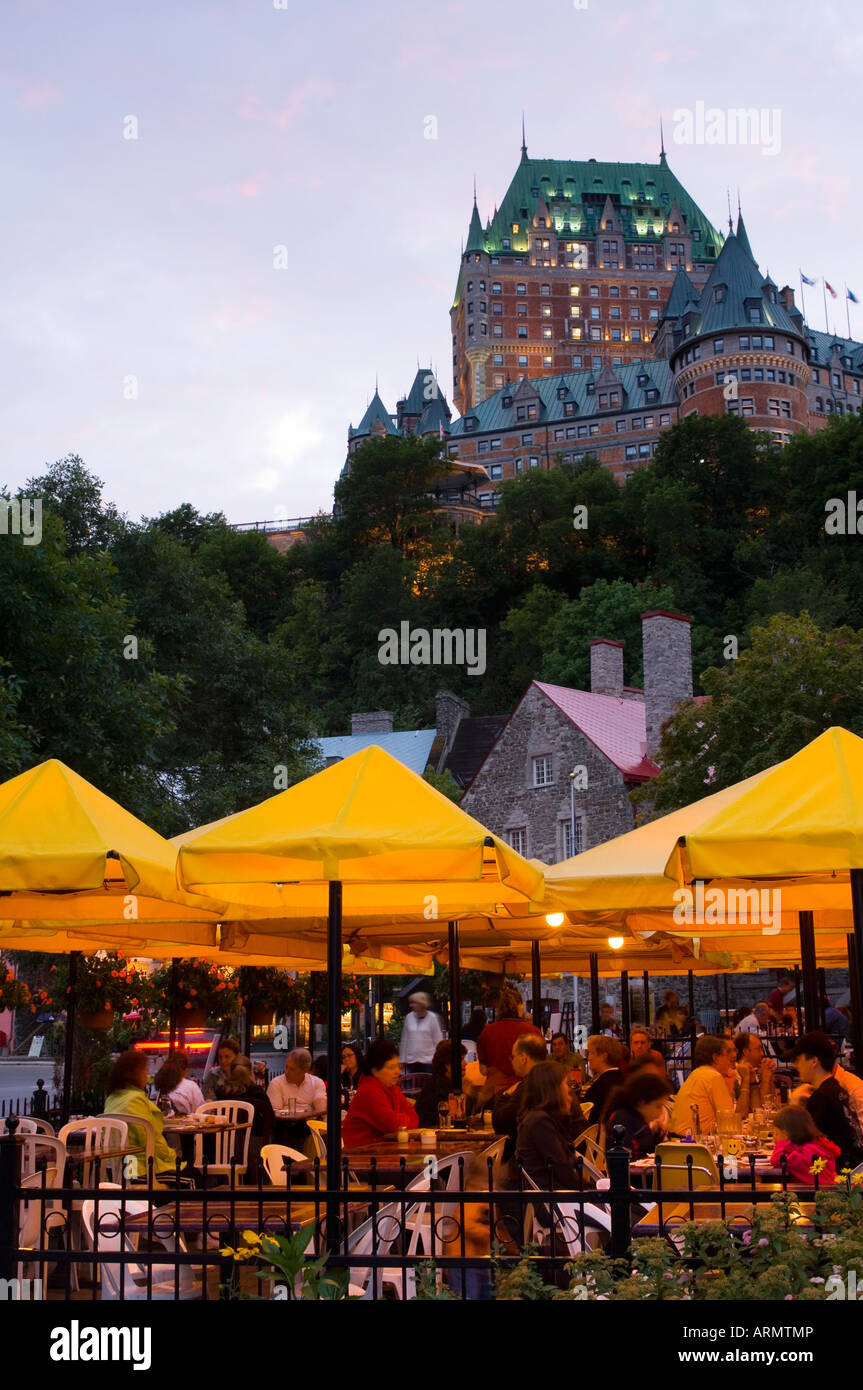 Outdoor restaurant in Lower old City below Chateau Frontenac, Quebec ...