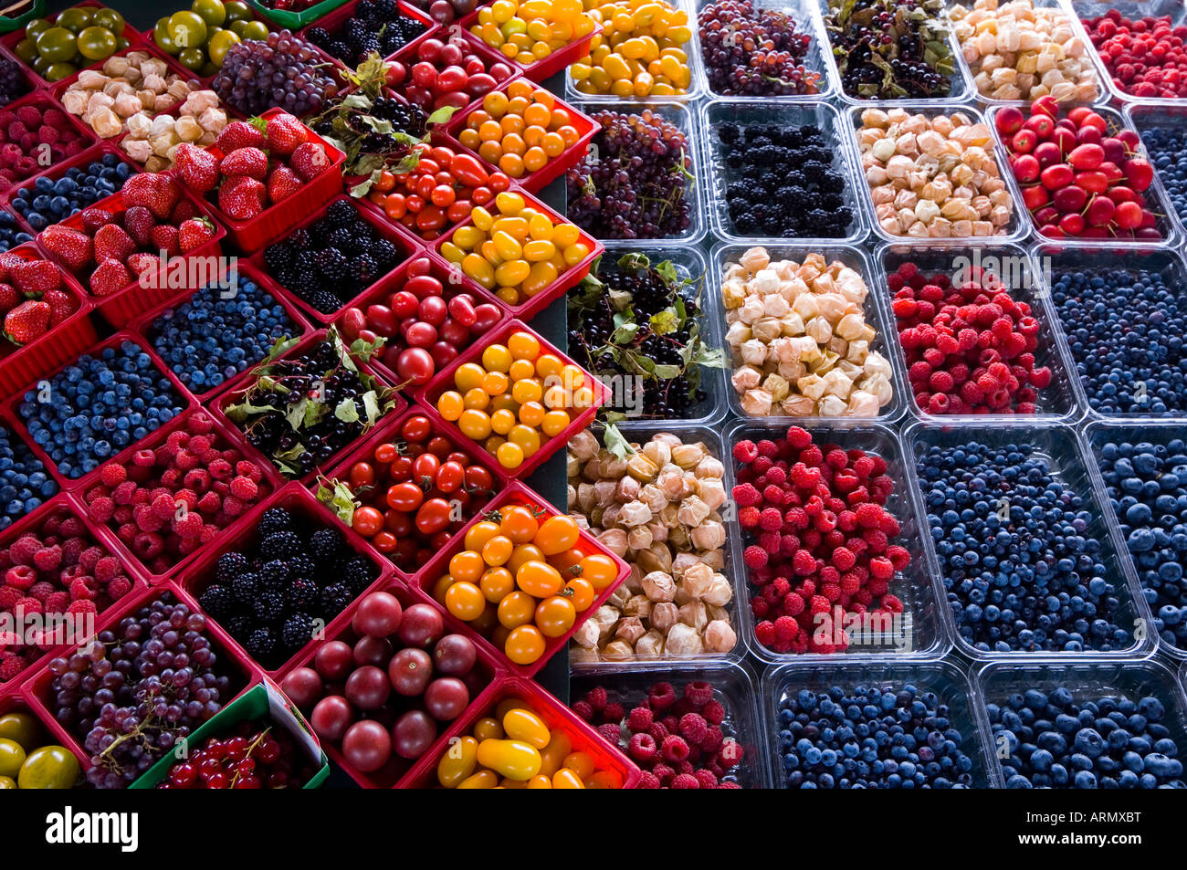 Jean Talon Market, fresh berries on display, Montreal, Quebec, Canada ...