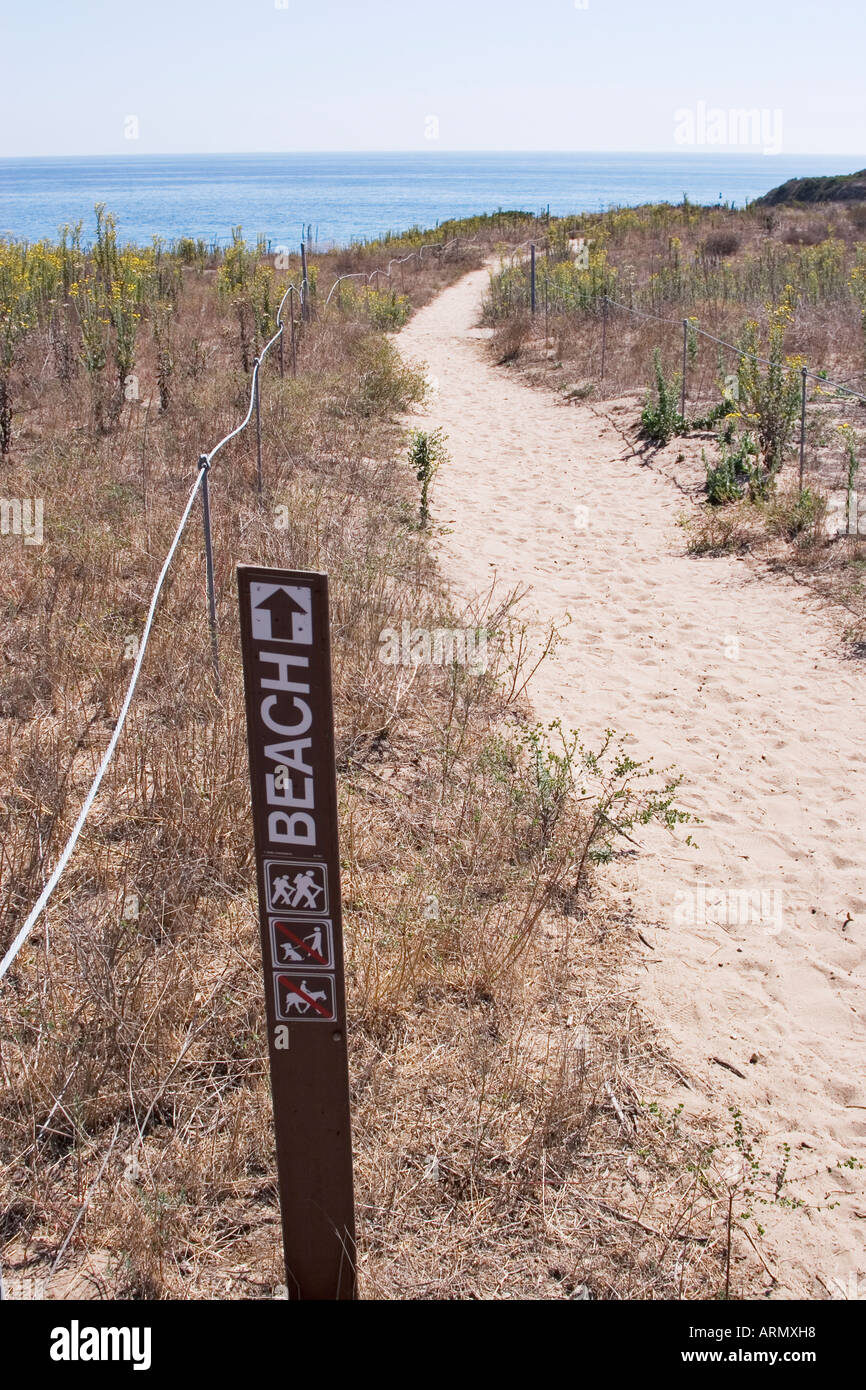 A sign is pointing the way to the beach at Point Dume beach, in Malibu ...