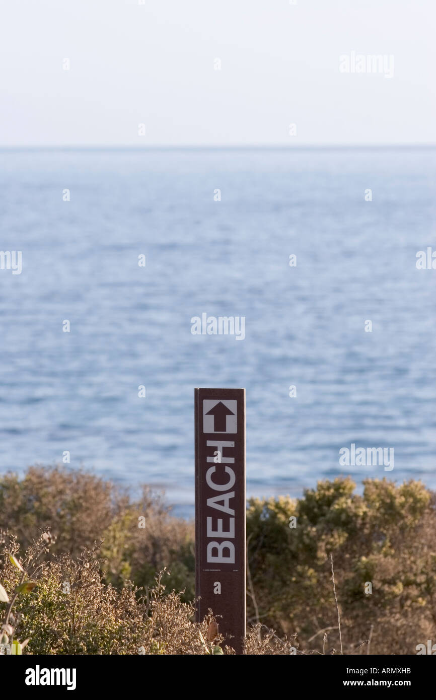 A sign is pointing the way to the beach at Point Dume beach, in Malibu ...