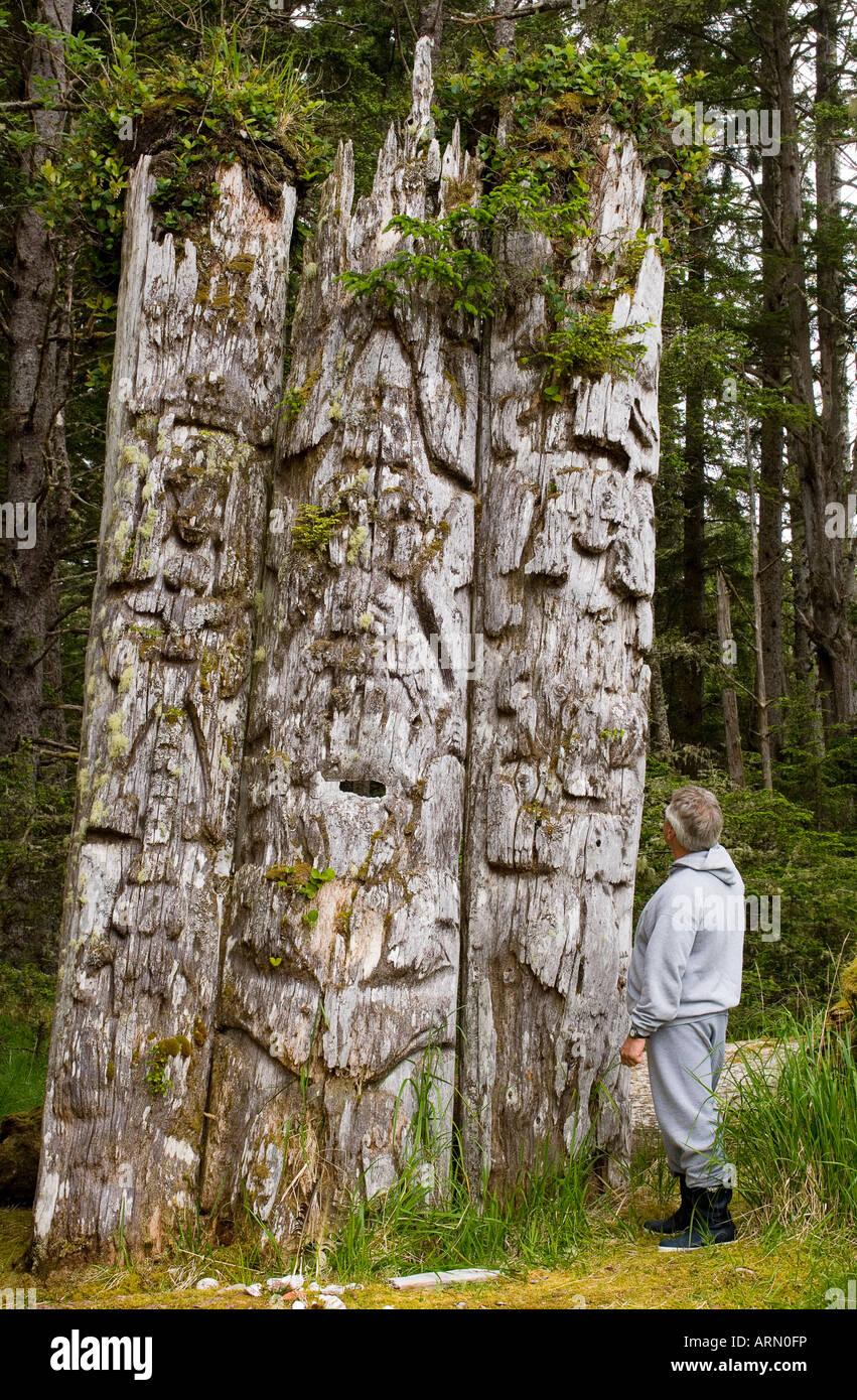 Kiusta Village, triple mortuary totem poles of Chief Edenshaw near ...