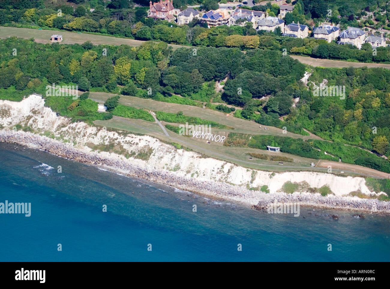 Aerial view Ventnor beach and chalk cliffs. Isle of Wight. Ventnor sign ... Aerial view Ventnor beach and chalk cliffs. Isle of Wight. Ventnor sign ...