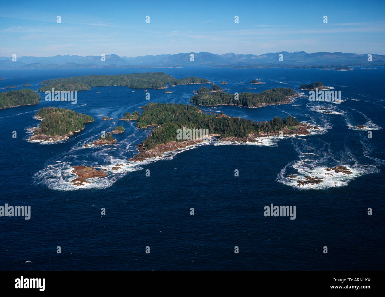 Aerial view of Broken Islands Group, Pacific Rim National Park ...