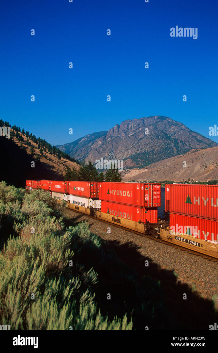 Spences Bridge, Thompson River with freight train, British Columbia ...