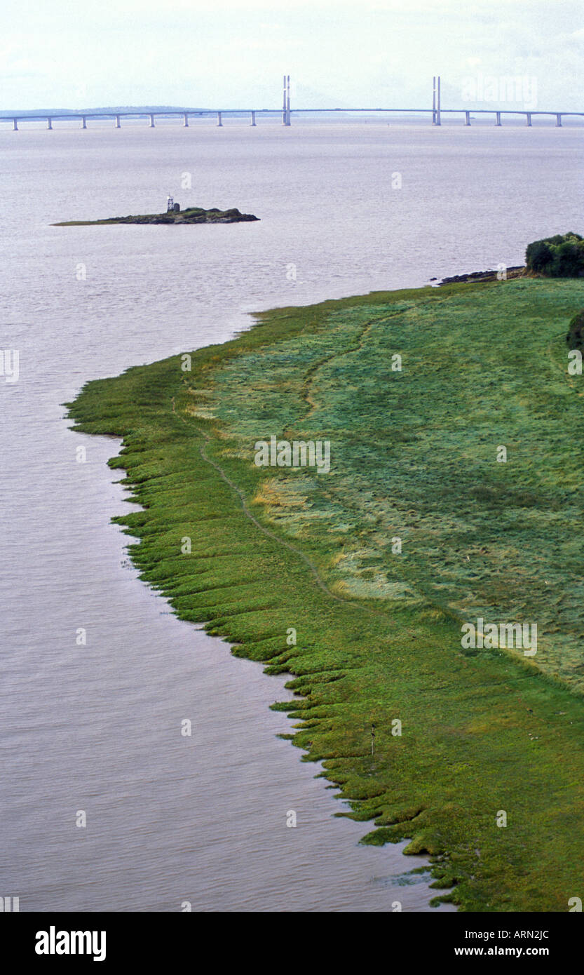 Saltmarsh at Beachley Point with Second Severn Crossing behind Severn ...