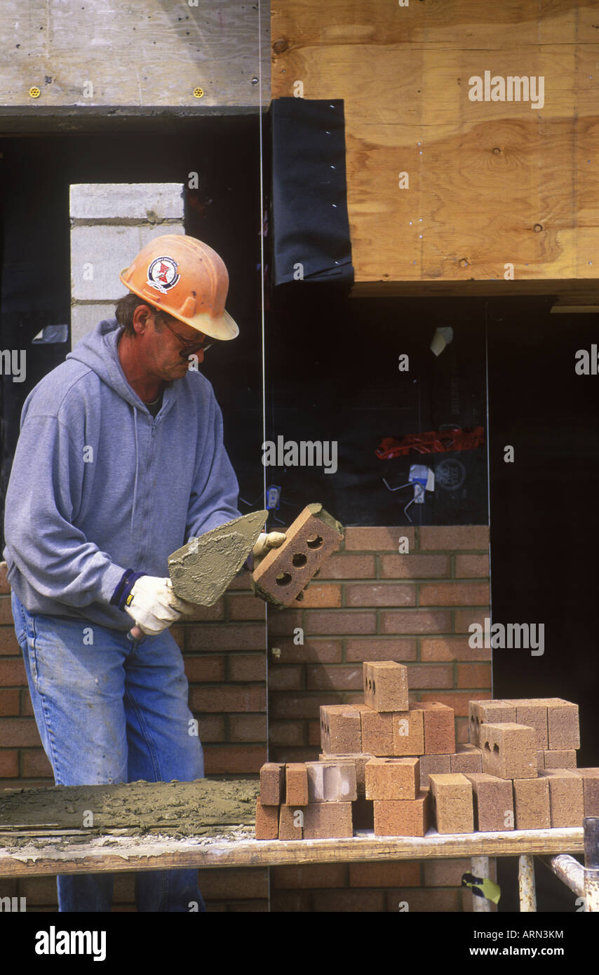 Construction worker. Bricklayer applies mortar while constructing brick ...