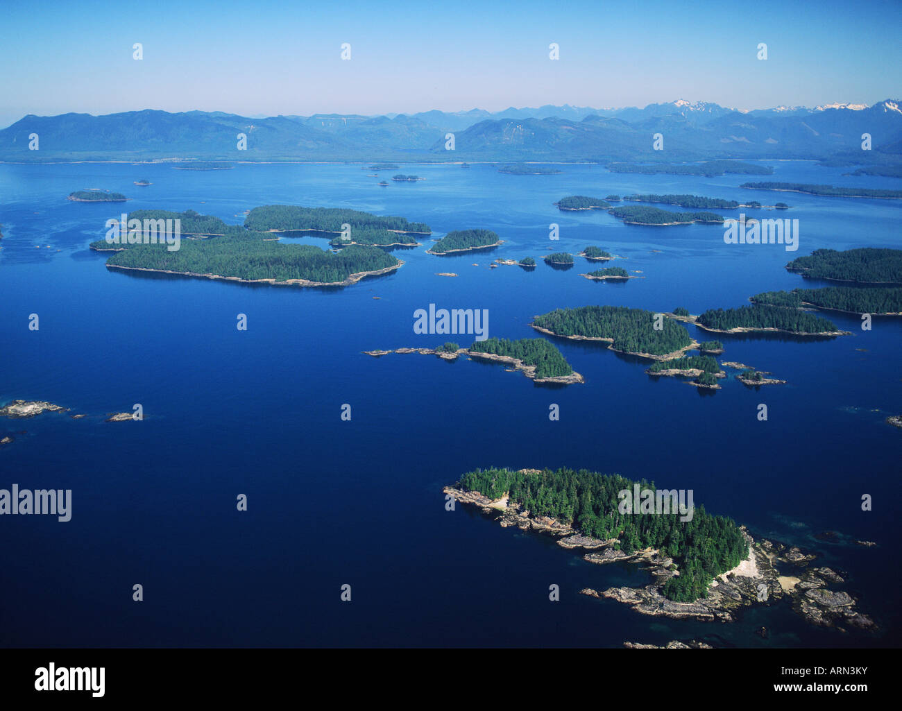 Aerial view of Broken Islands Group, Pacific Rim National Park ...