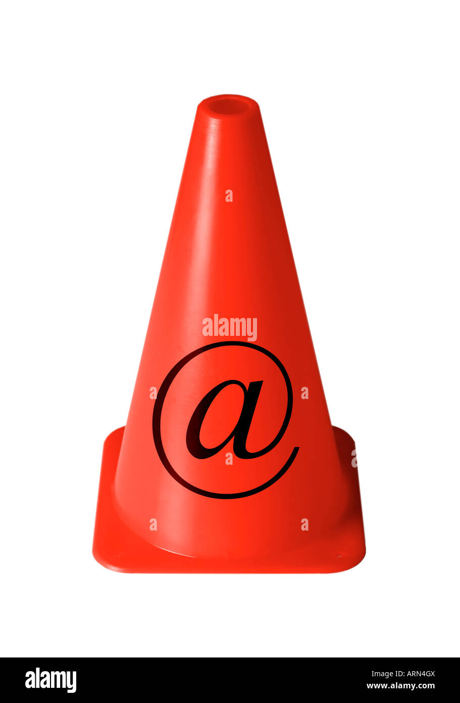 bright red safety cone with at sign printed on against white cutout ...