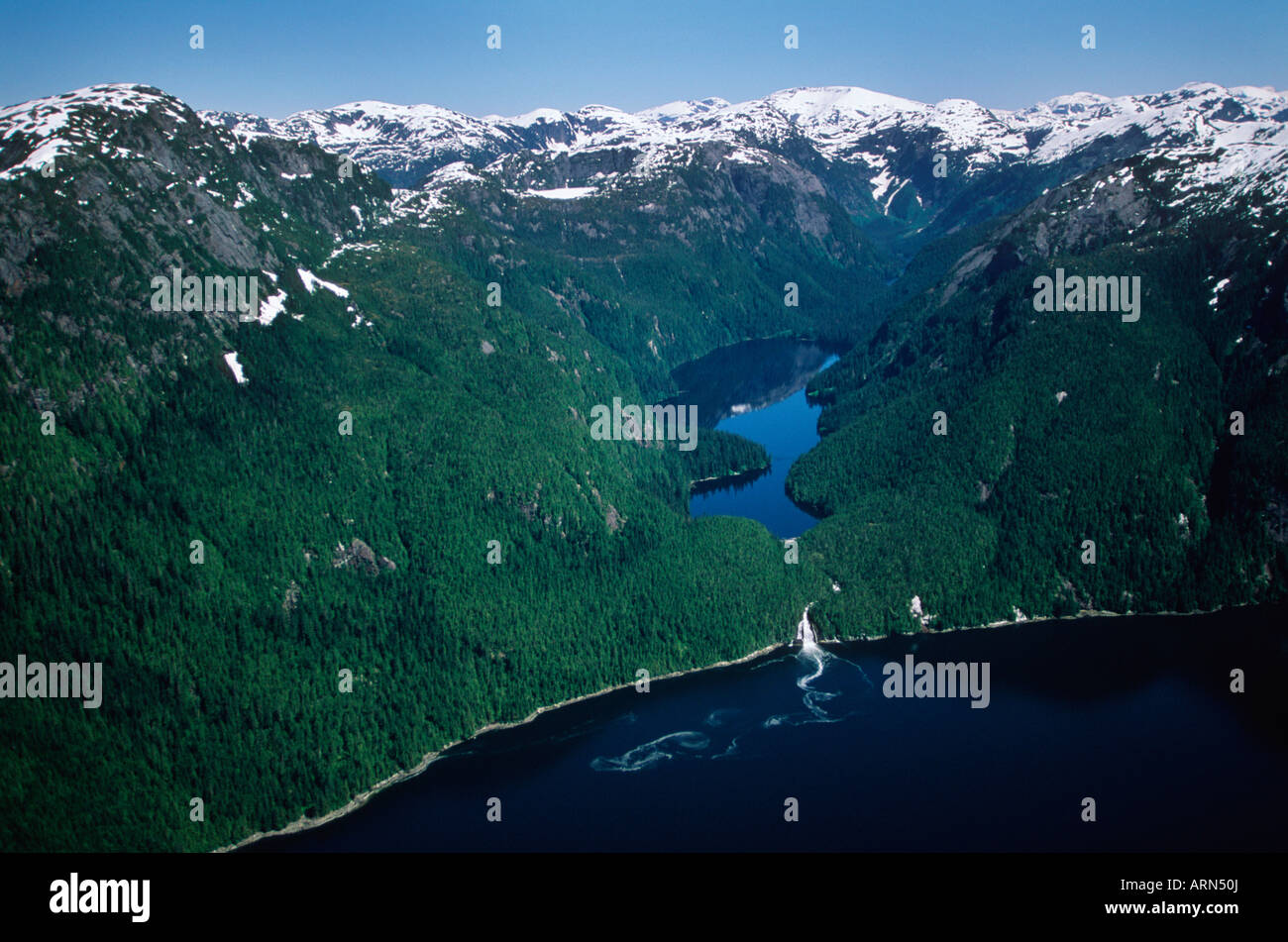 aerial of Kynoch Inlet showing falls and hanging lake, Central Coast ...