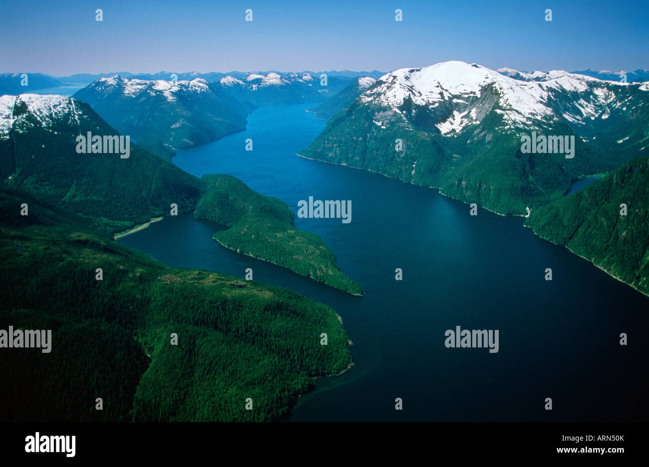 Aerial of Kynoch Inlet showing falls and hanging lake, Central Coast ...