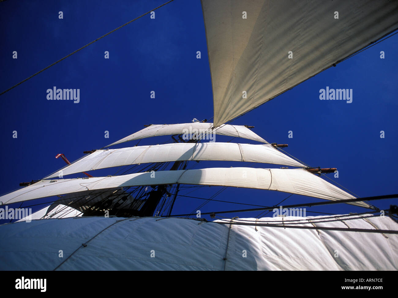 Square sails and jibs of square rigger Kaskelot against blue sky Stock ...
