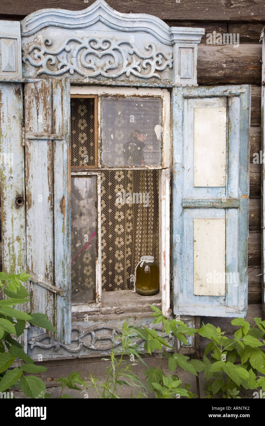 Ornate wooden window frames Novosibirsk Siberia Russia Northern Asia ...