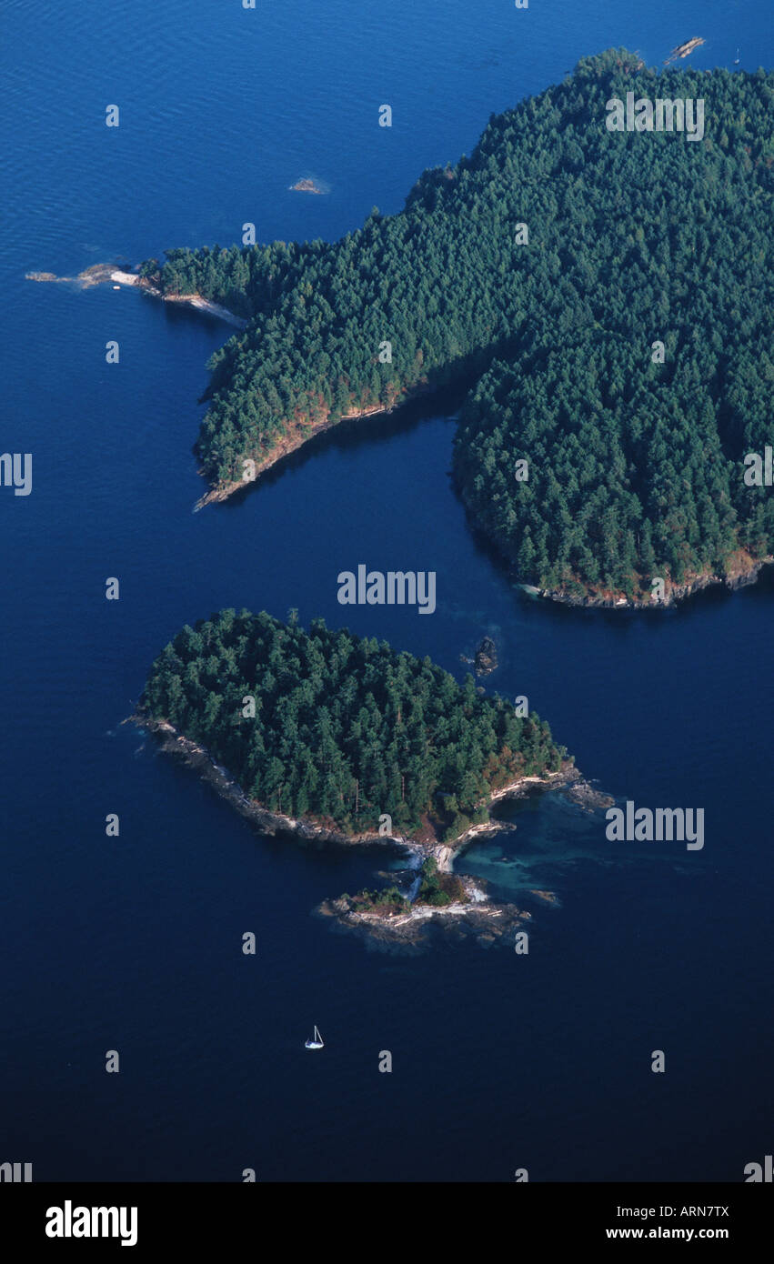Aerial view down to tip of Portland Island, British Columbia, Canada ...