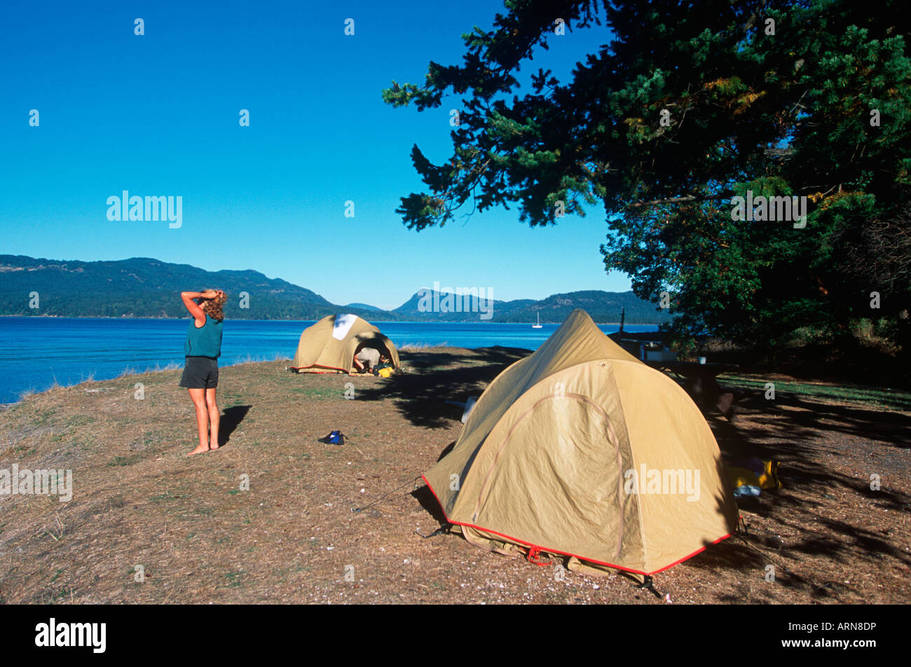 kayakers camping at shell beach, Portland Island, Gulf Islands National ...