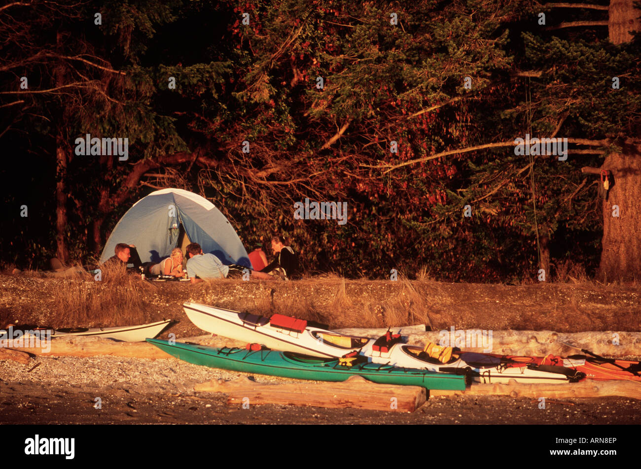 kayakers camping at shell beach, Portland Island, Gulf Islands National ...