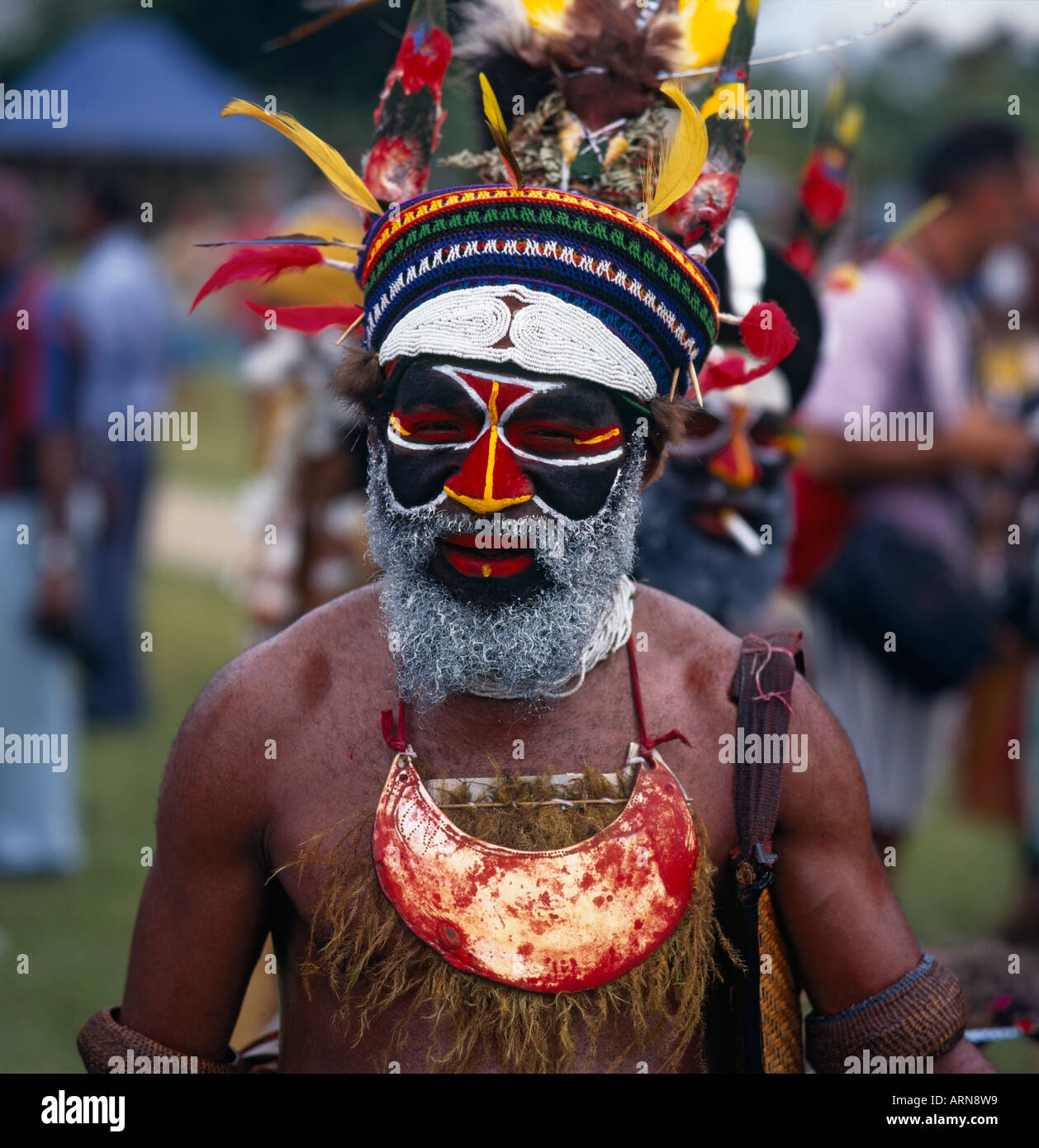 Close up of an Engi Tribesman’s painted face and beard with feathered ...
