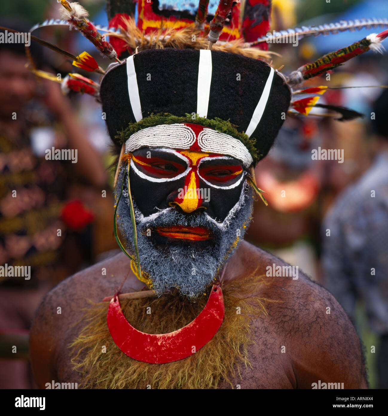 Close up of an Engi Tribesman’s painted face and beard with feathered ...