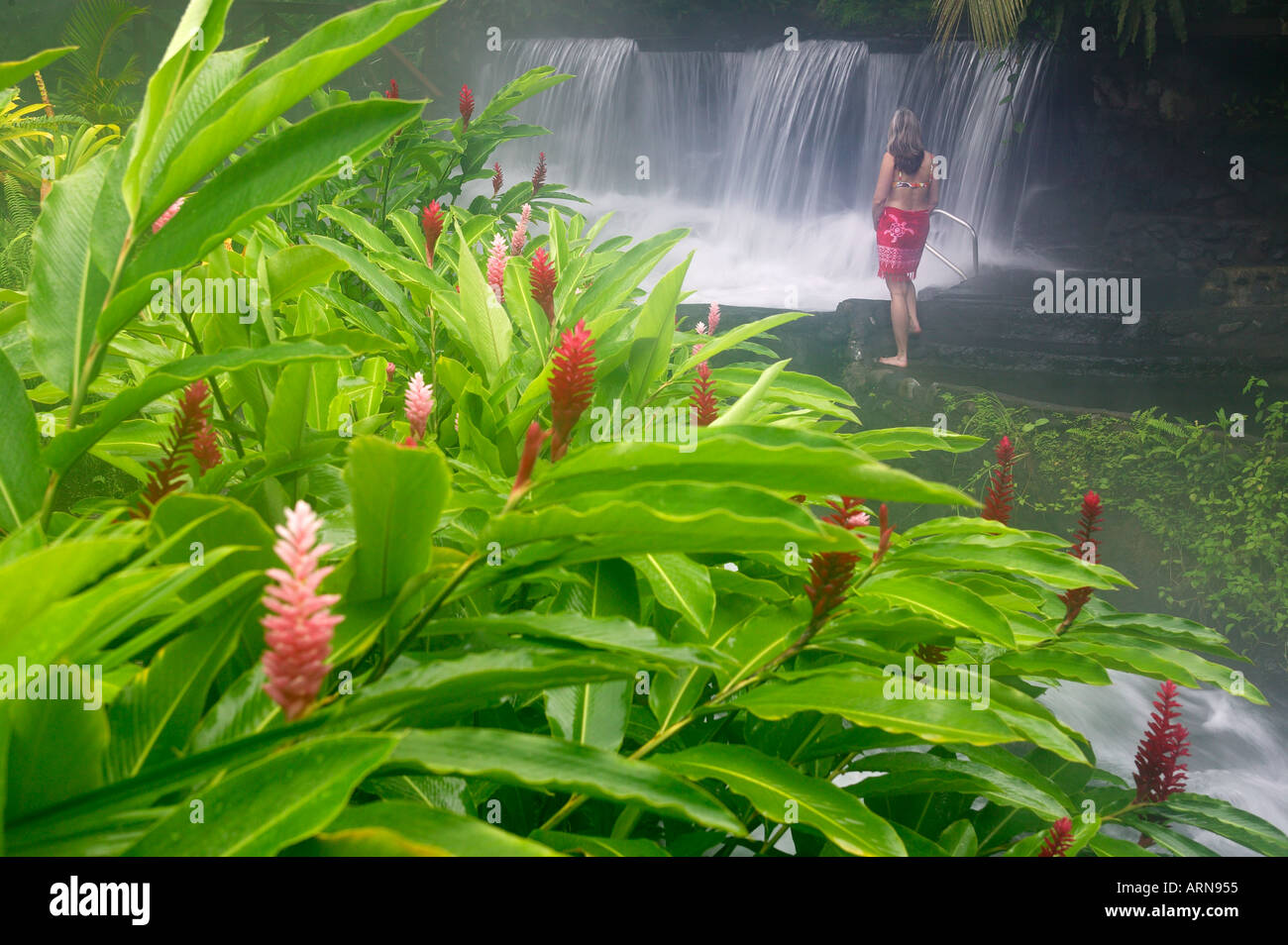 A visitor enjoys a hot water stream flows through Tabacon Hot Spring ...