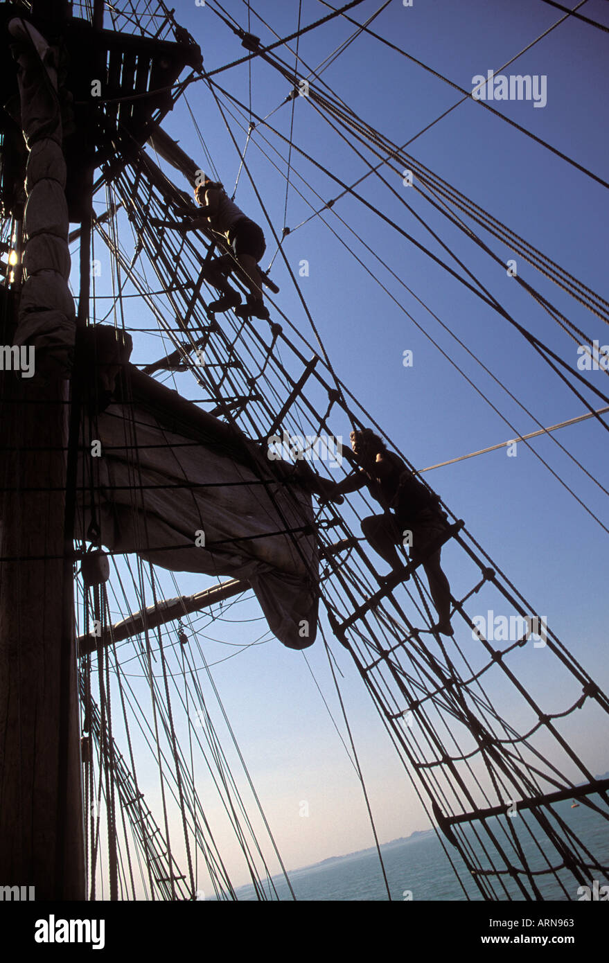 Crew climb aloft aboard tall ship Kaskelot Stock Photo - Alamy