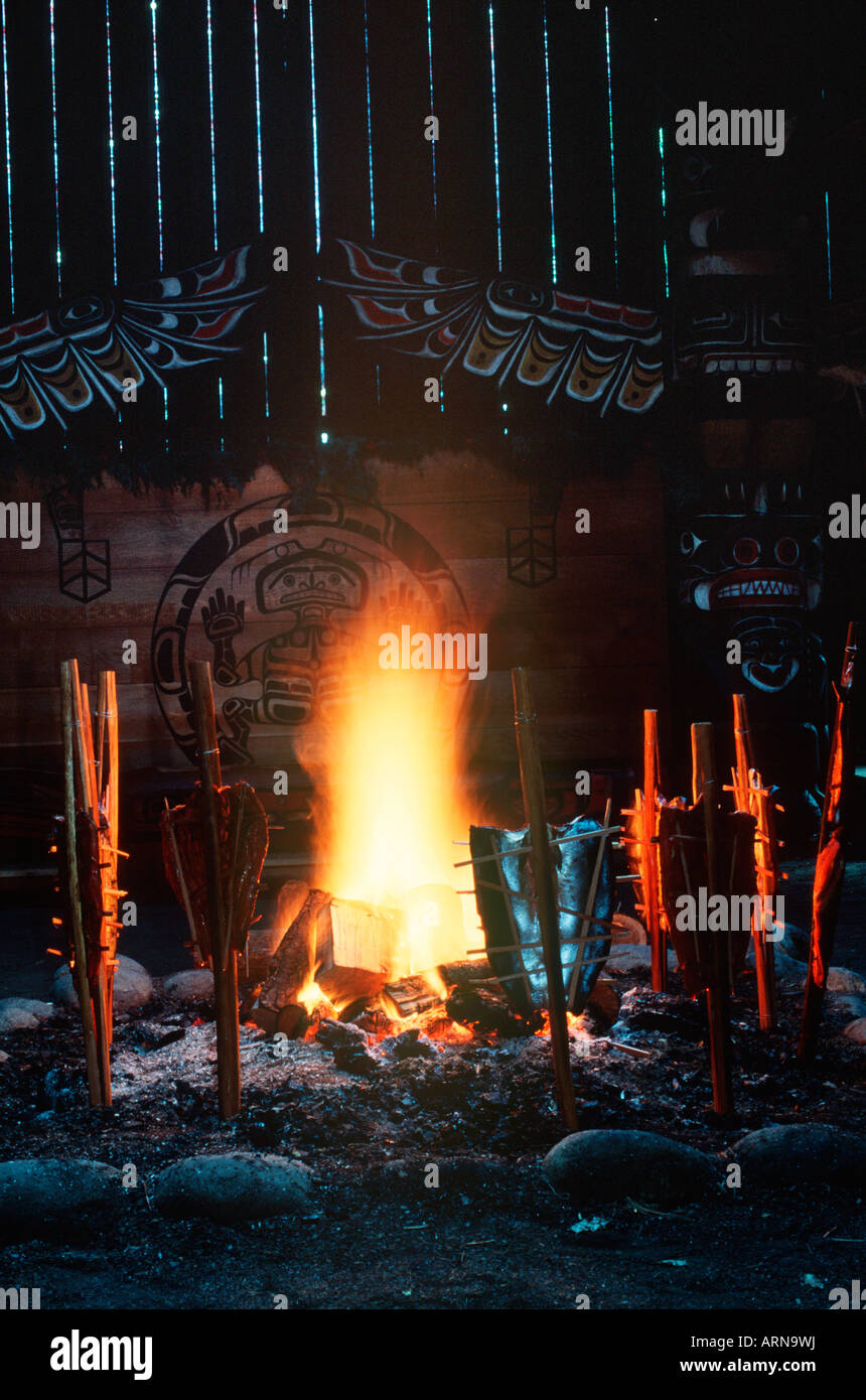 First Nations culture, Mungo Martin House, open fire with salmon on ...