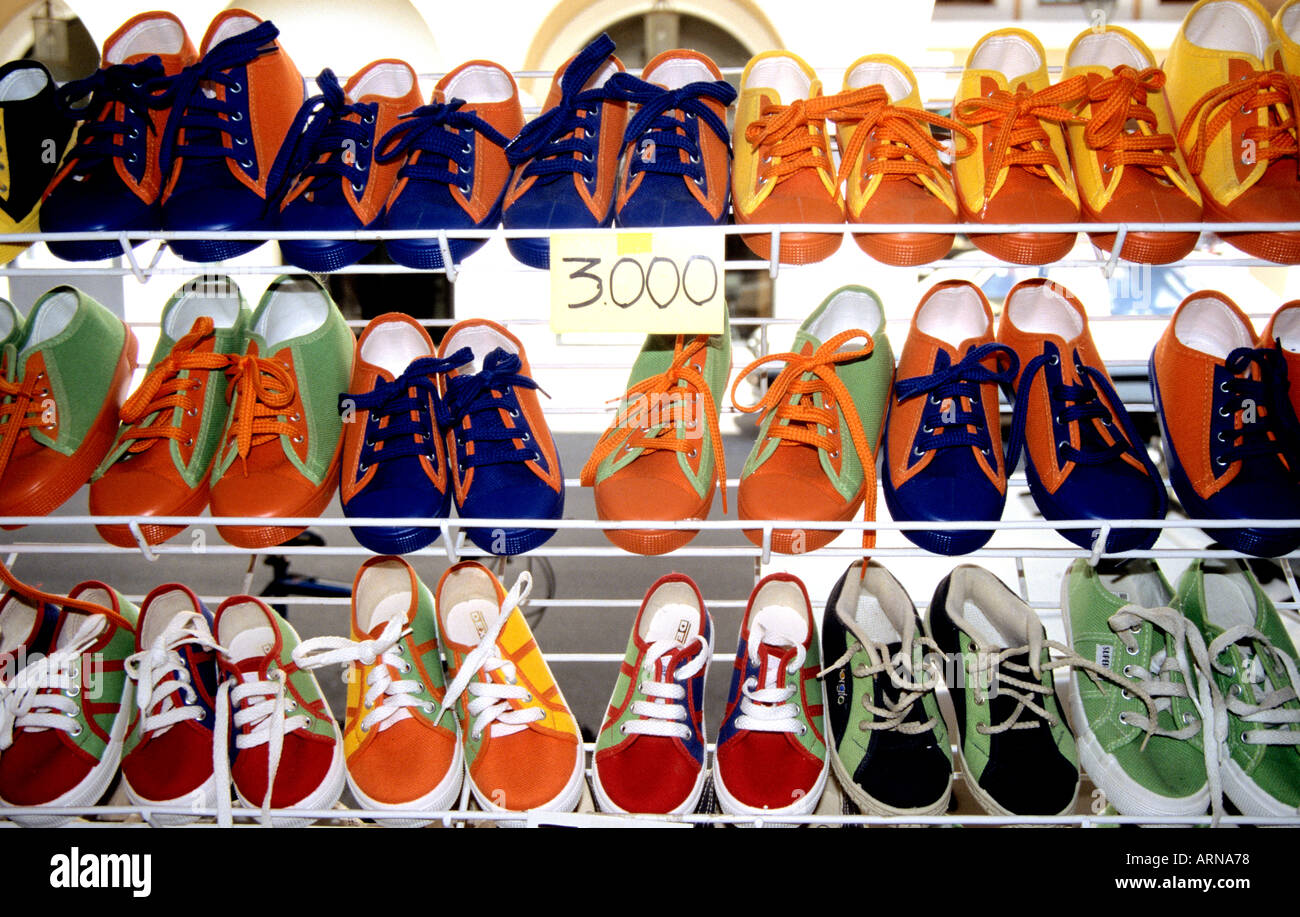 Brightly coloured Trainers for sale on the Greek Island of Rhodes Stock ...