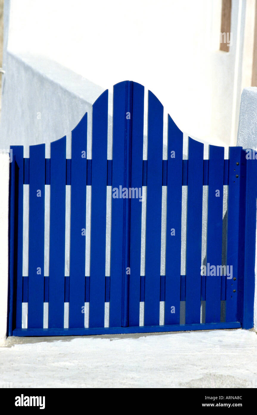 Typical blue painted gate on the Greek Island of Santorini Stock Photo ...