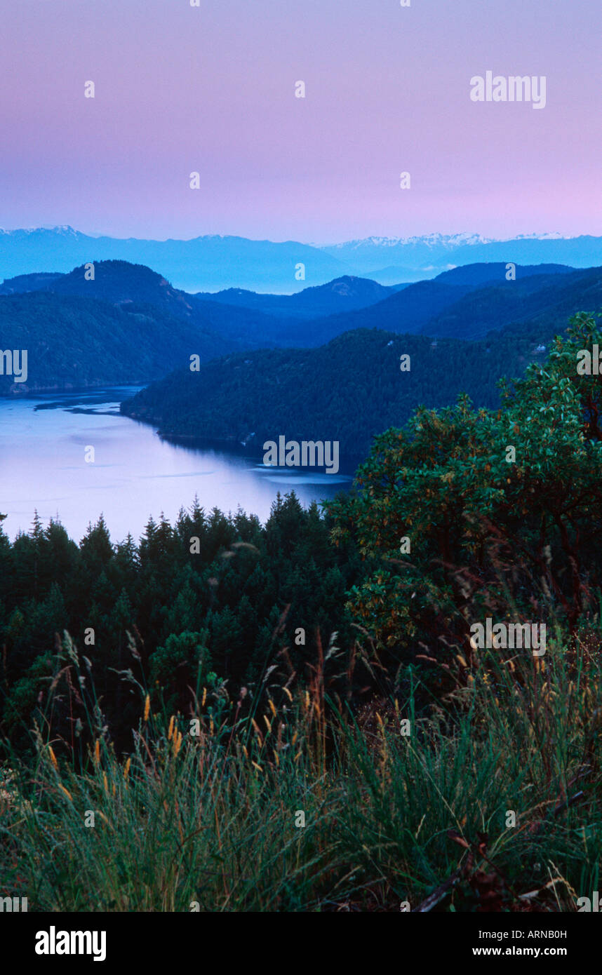 view down Finlayson Channel from Malahat viewpoint at dusk, Victoria ...
