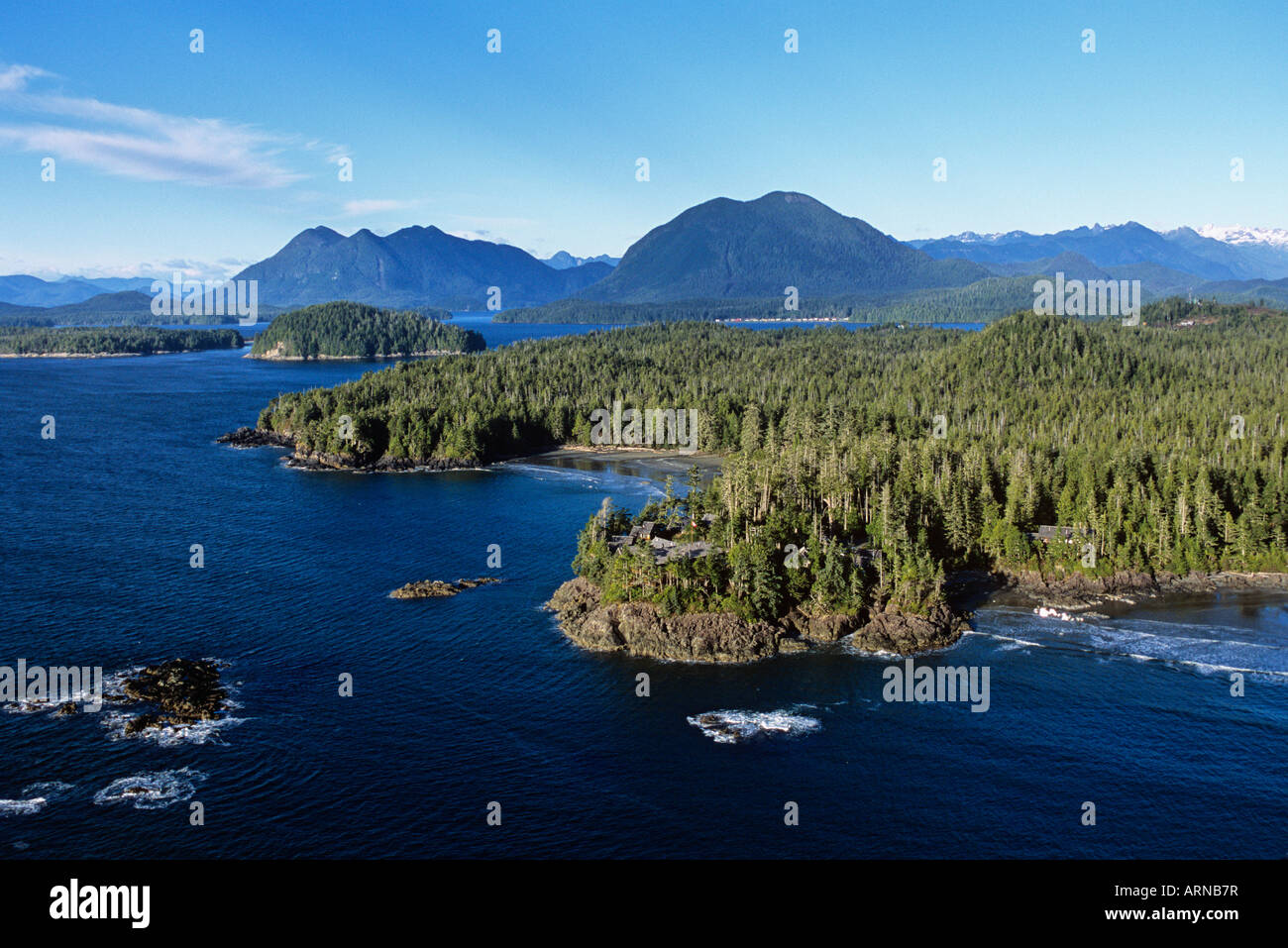 Aerial view, including Clayoquot Sound, Middle Beach Lodge, Tofino ...