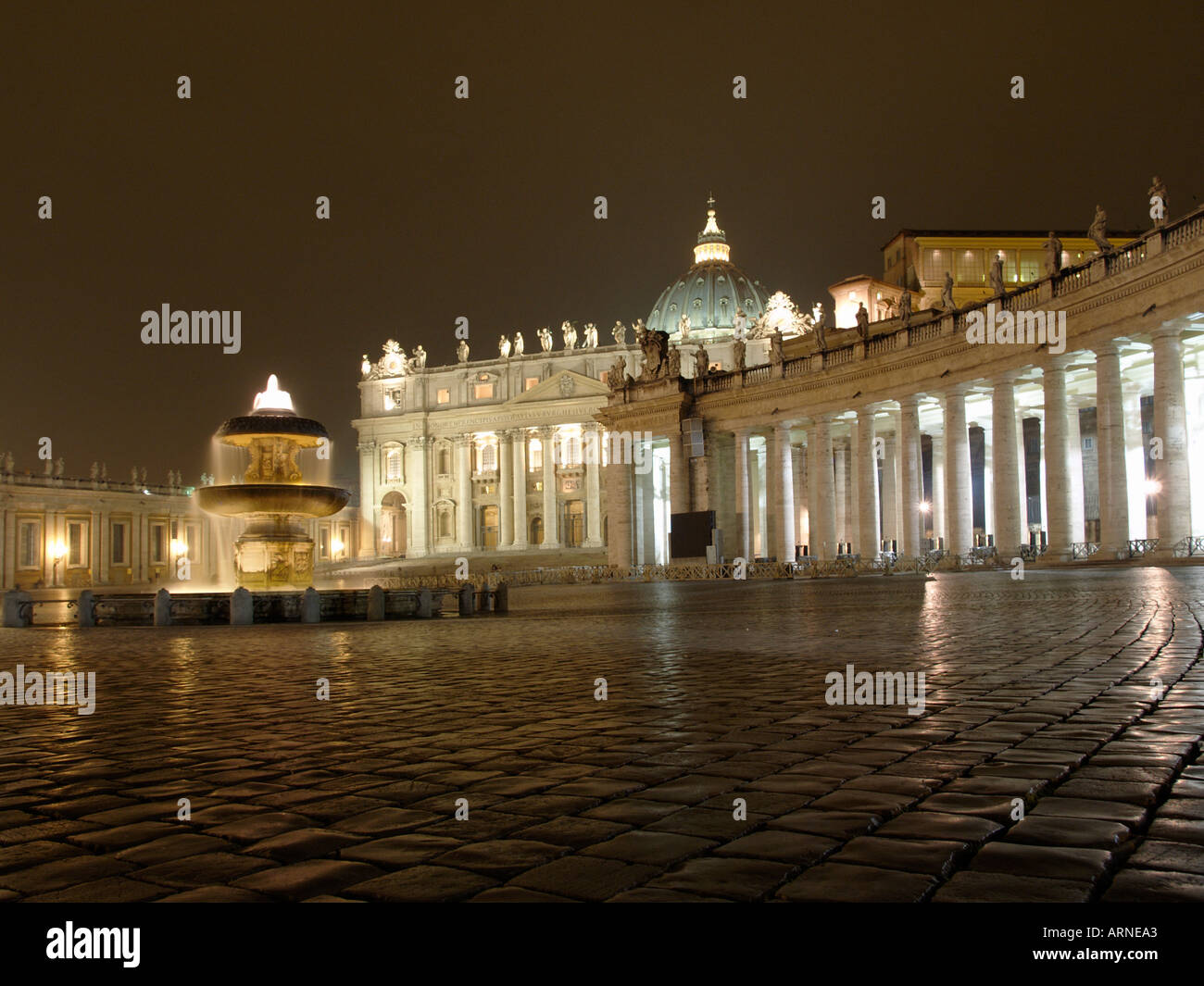 Square in front of Saint Peters Basilica with fountain at night Vatican ...