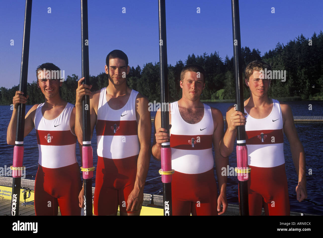Rowers on lake. Elk Lake, Victoria , Canada Junior Men's fours crew ...