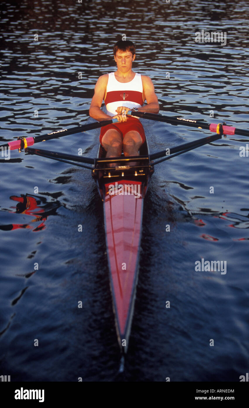Rower on lake. Elk Lake, Victoria . single shell, Vancouver Island ...