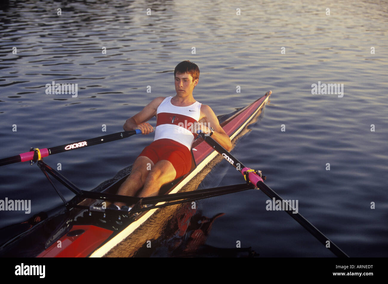 Rower on lake. Elk Lake, Victoria . single shell, Vancouver Island ...