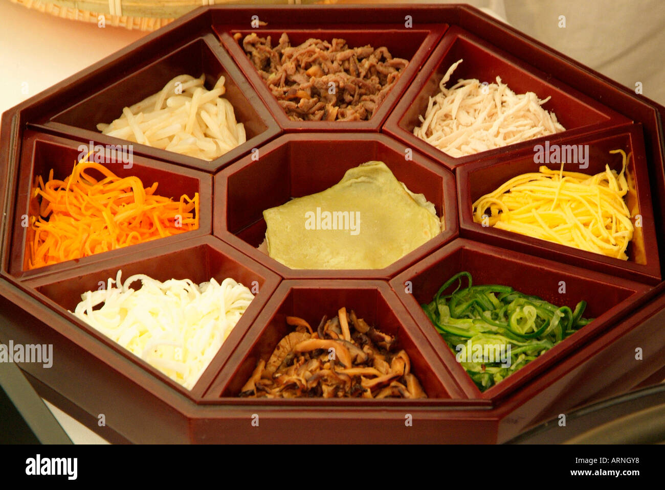 Korean Korea royal banquet red table spoon bowl prepare orient east ...