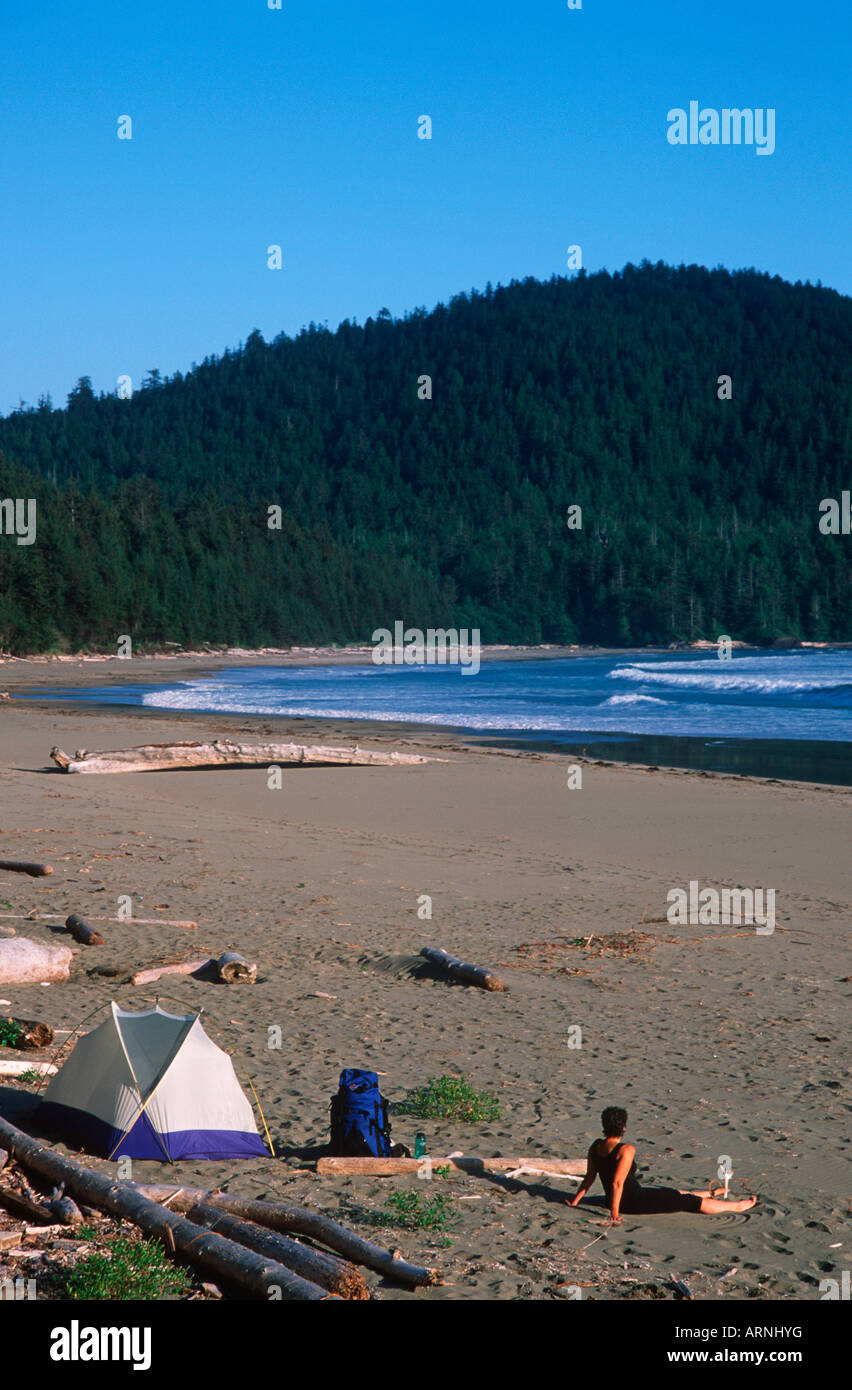 north-west, Raft Cove, woman camping , Vancouver Island, British ...